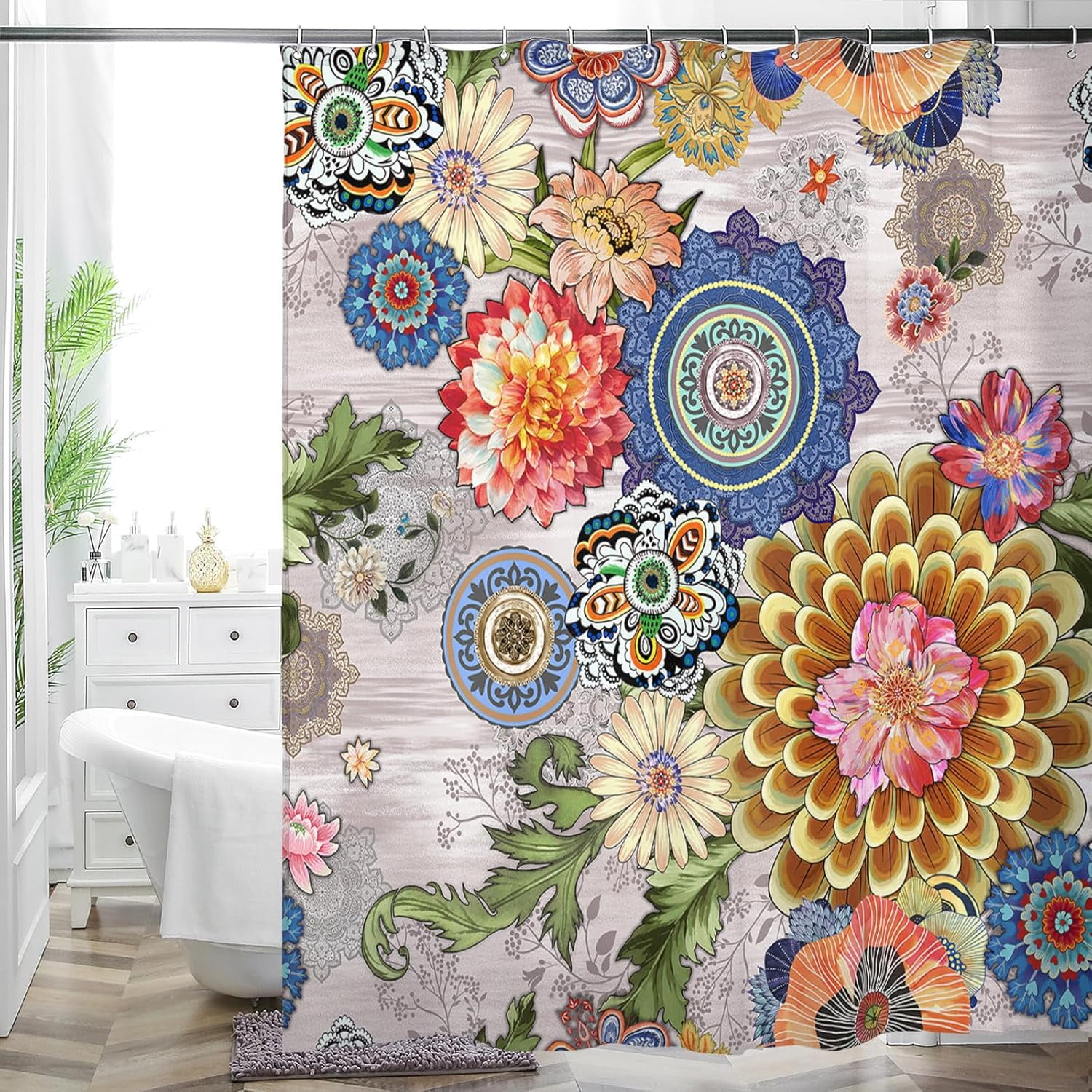 Boho Floral Mandala Shower Curtain, Vibrant Multicolor Geometric Flower ...
