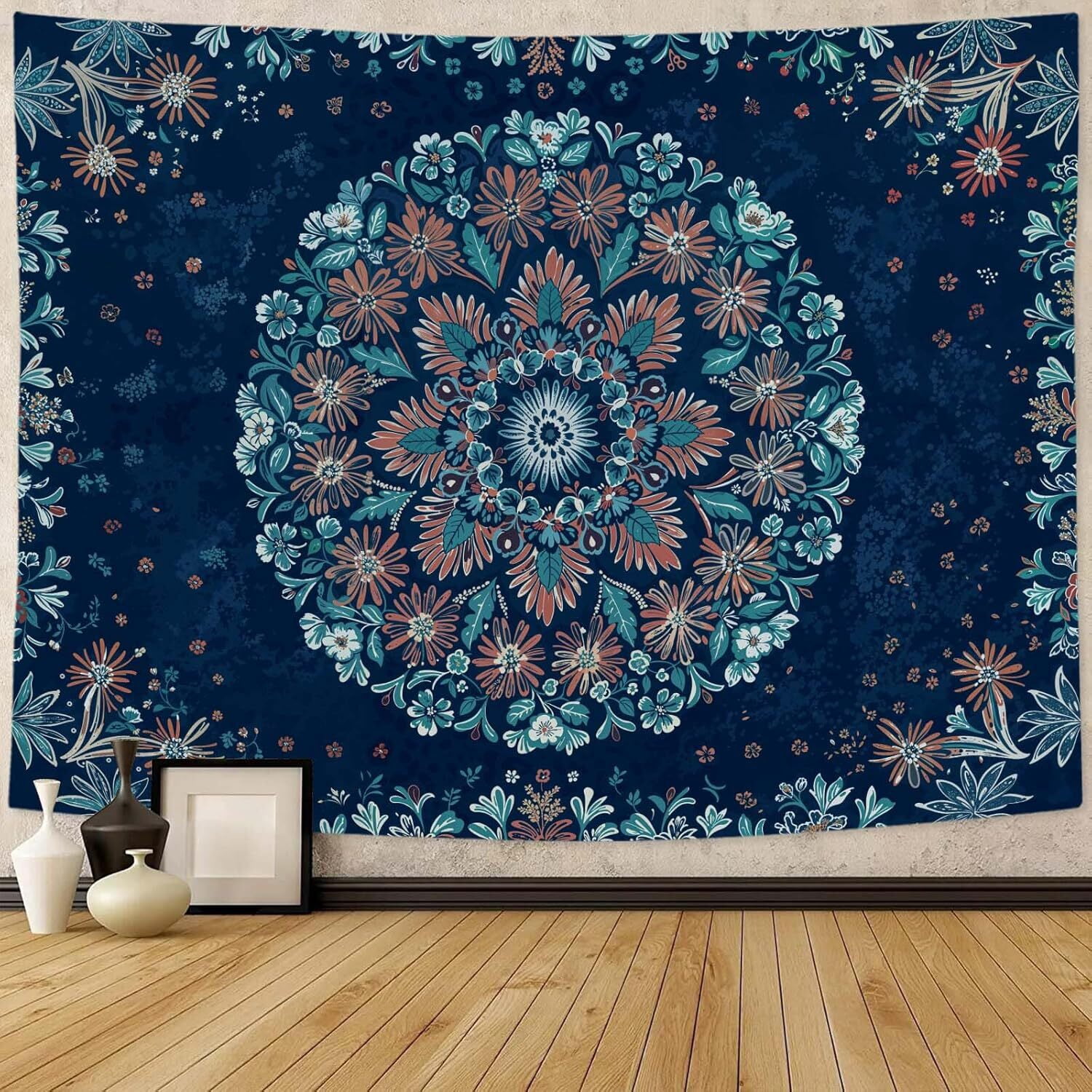 Boho Floral Mandala Tapestry Wall Hanging Blue Bohemian Flower ...
