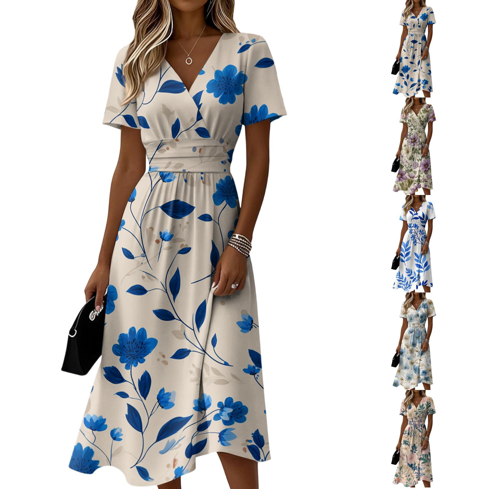 Boho Floral Maxi Dress for Women - V-Neck Short Sleeve High Waist A ...