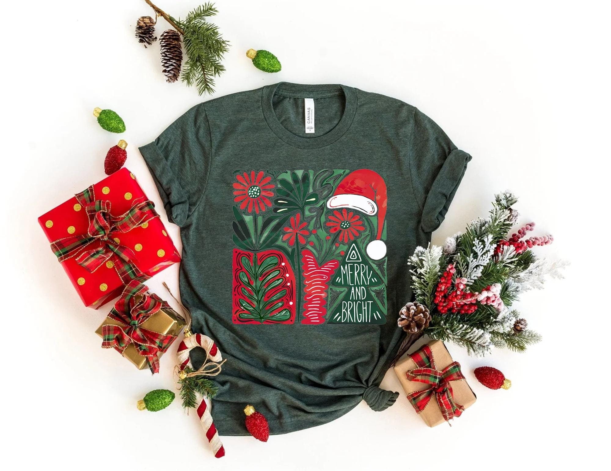 Boho Floral Merry and Bright Shirt, Boho Floral Christmas Shirt ...