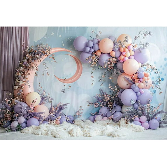 Boho Floral Moon Arch Purple Balloon Girl Birthday Cake Smash Portrait r Backdrop Photo Stud ...