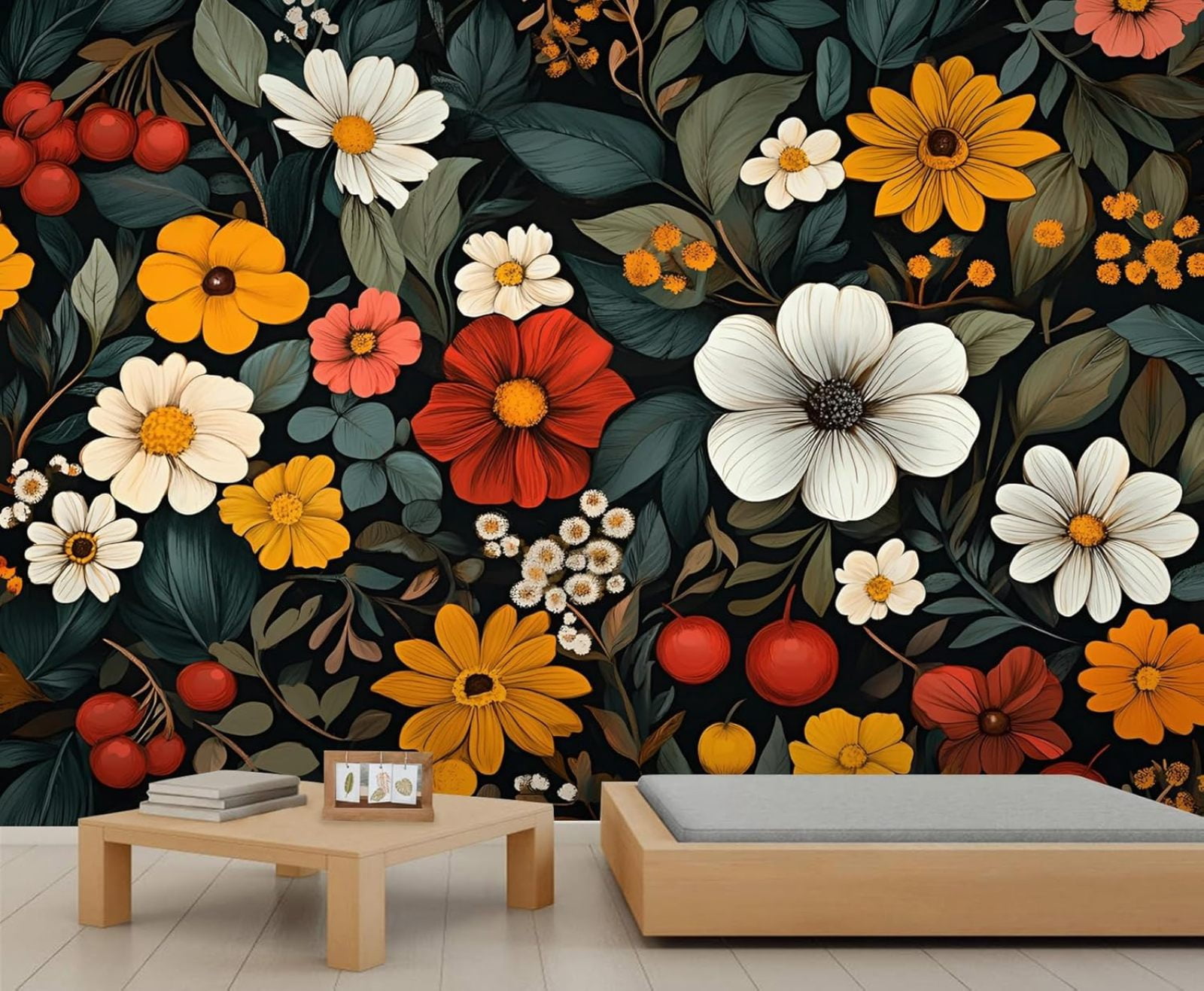 Boho Floral Mural - Floral Botanical Wall Paintings, Watercolor Art 3D ...
