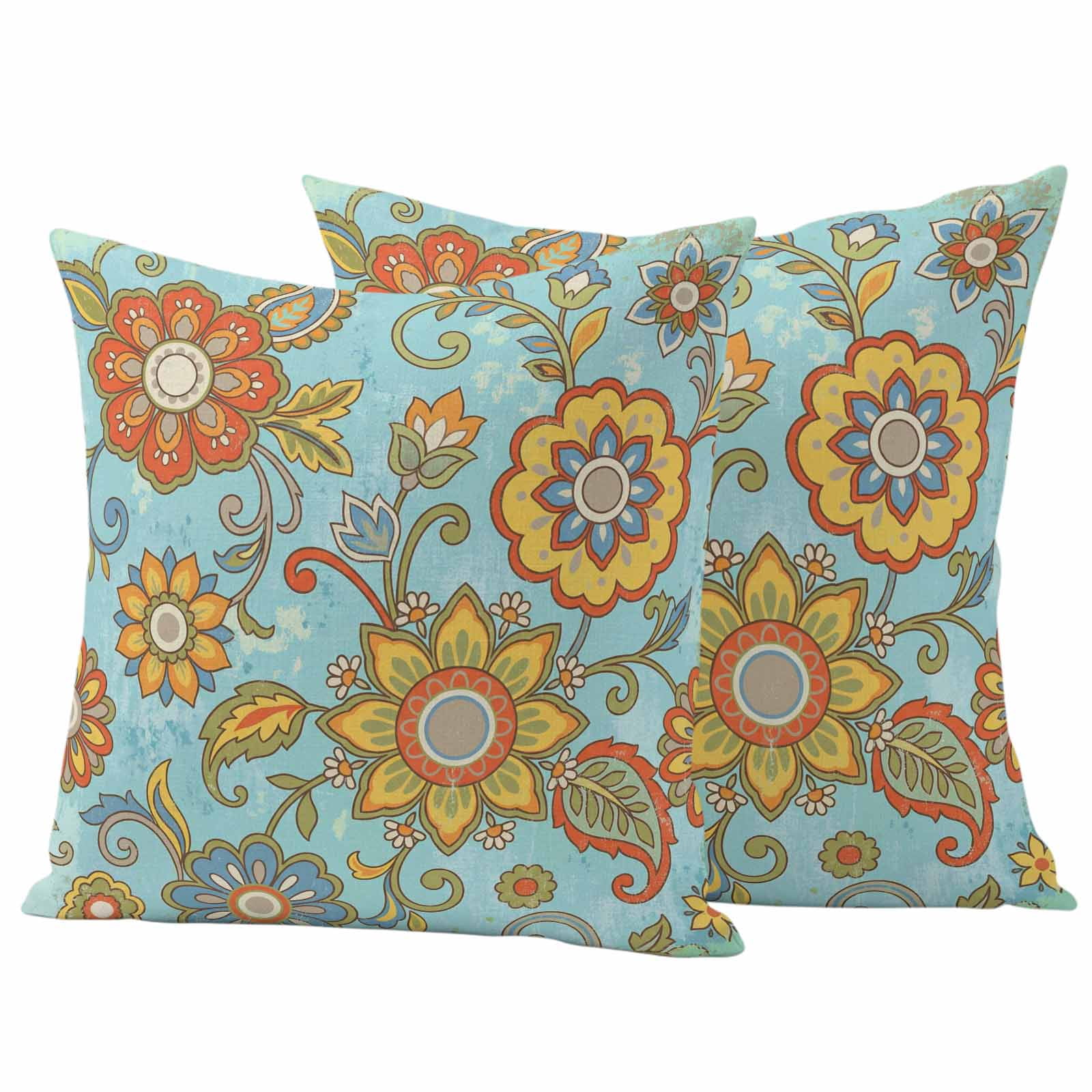 Boho Floral Outdoor Pillow Covers Set of 2 Yellow Orange Flower Leaf ...