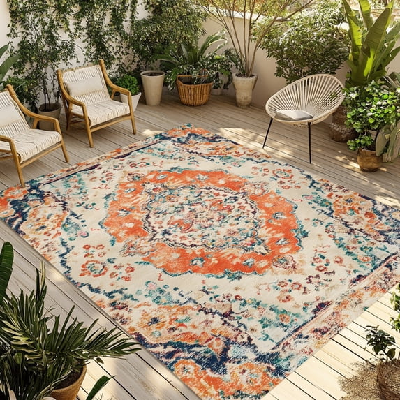 Boho Floral Outdoor Rug 6x9 ft Orange Theme Abstract Traditional Ethnic ...