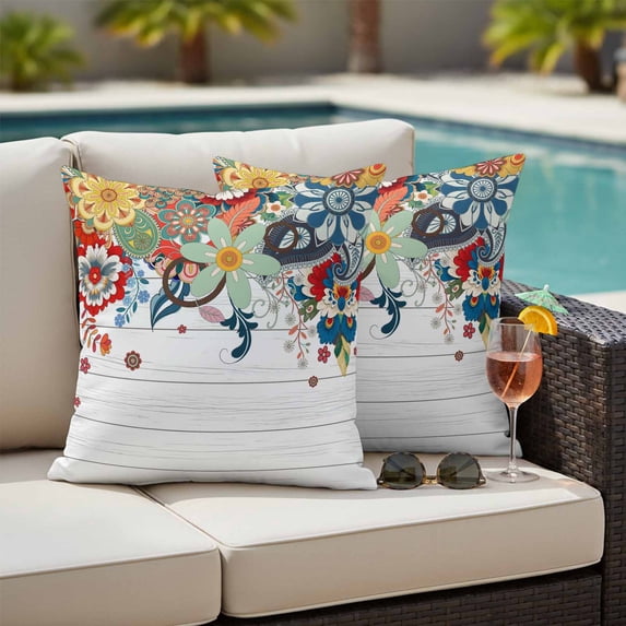 Boho Floral Outdoor Throw Pillow Covers Set of 2, Abstract Bohemian ...