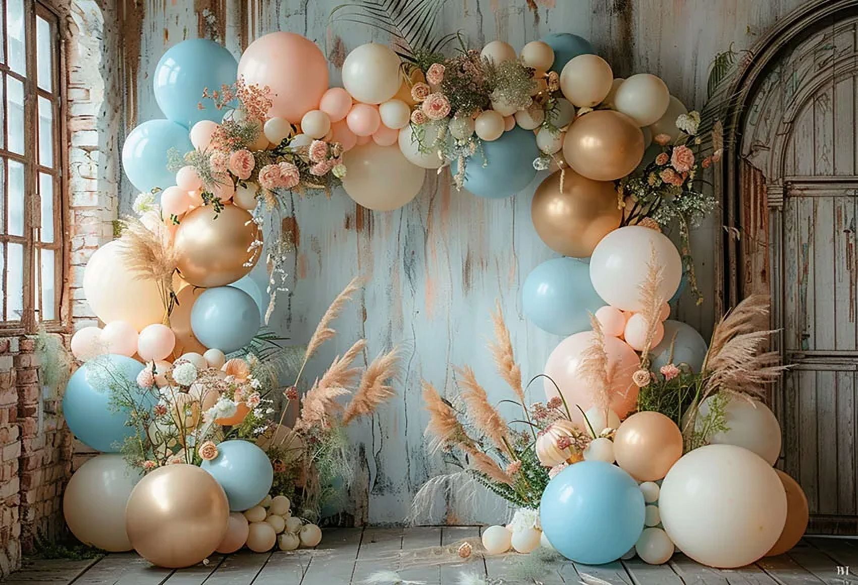 Boho Floral Pampas Balloons Kids Birthday Party Cake Smash Portrait r ...