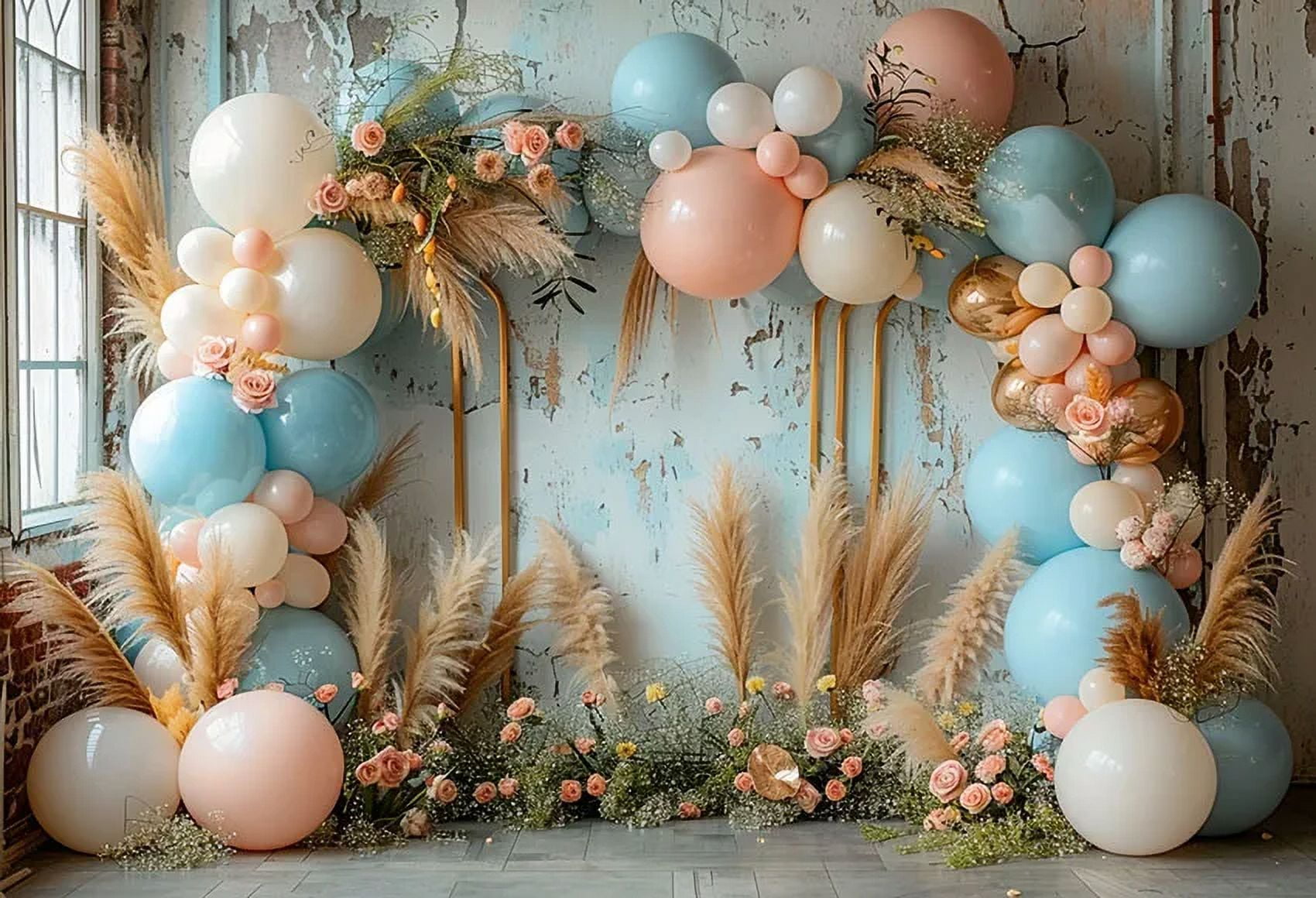 Boho Floral Pampas Balloons Kids Birthday Party Cake Smash Portrait r ...
