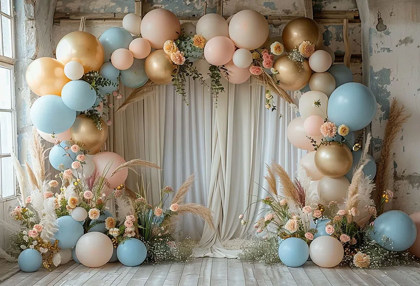 Boho Floral Pampas Balloons Kids Birthday Party Cake Smash Portrait r ...