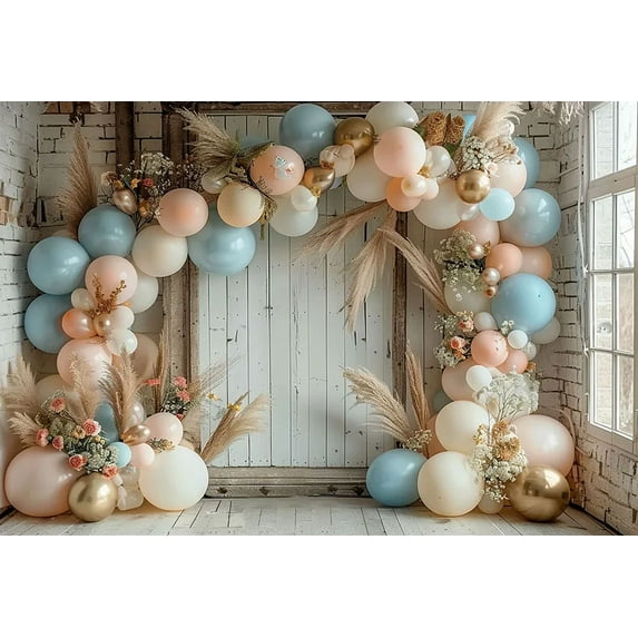 Boho Floral Pampas Balloons Kids Birthday Party Cake Smash Portrait r ...