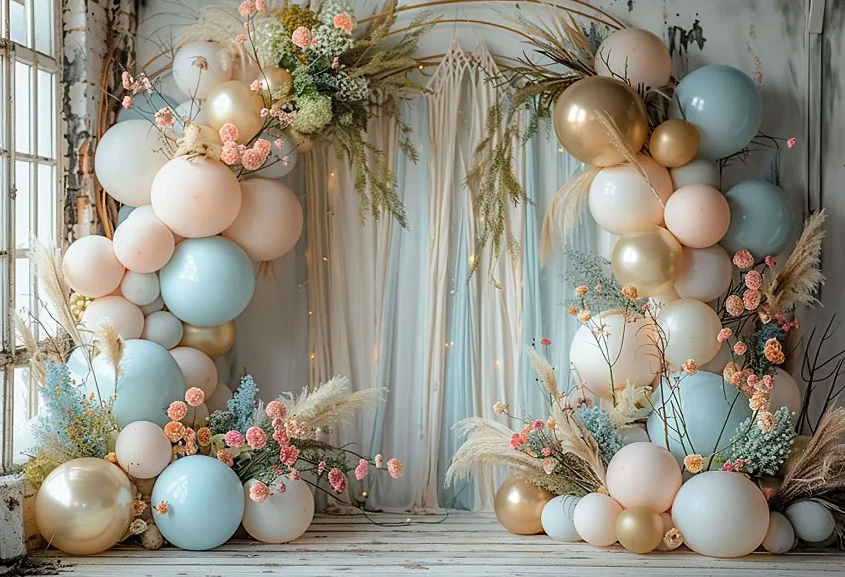 Boho Floral Pampas Balloons Kids Birthday Party Cake Smash Portrait r ...