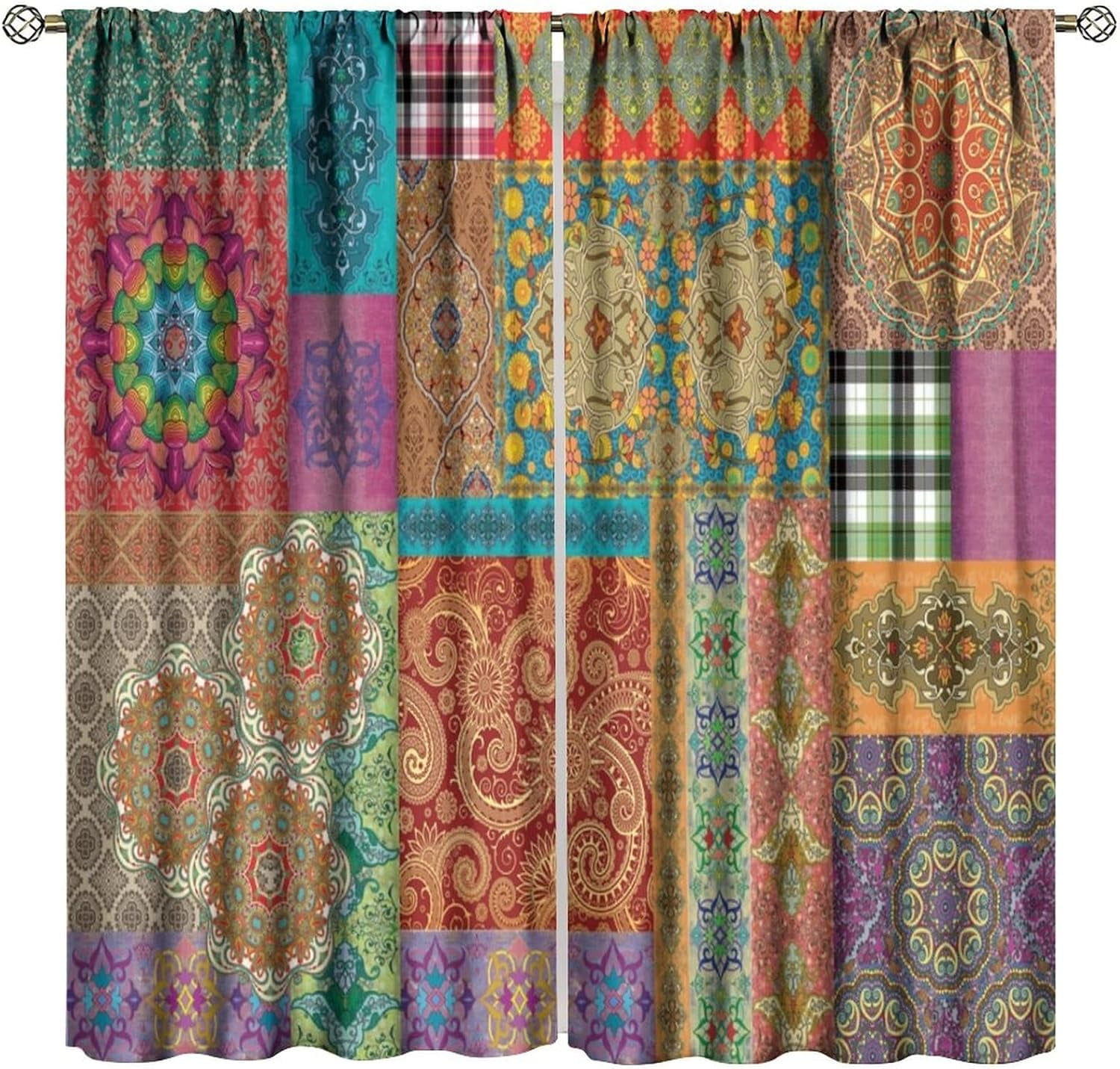 Boho Floral Patchwork Curtains,Vintage Flower Bohemian Colorful Retro ...