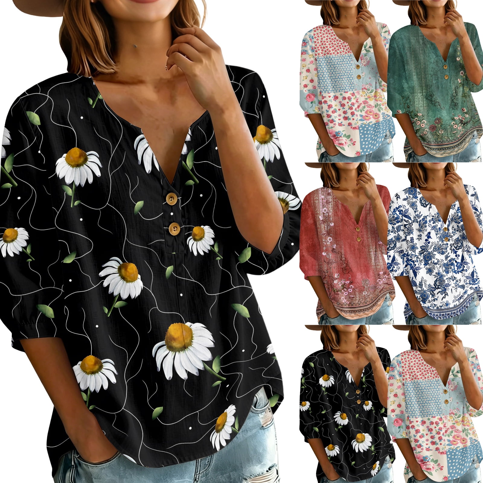 Boho Floral Patchwork Tunic for Women - 3/4 Sleeve V-Neck Henley Button ...