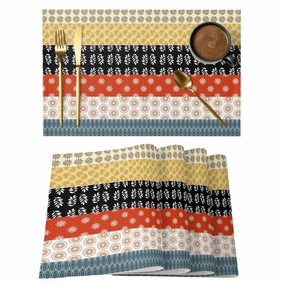 Boho Floral Placemats Set of 12, Paisley Yellow Black Red Blue Strips ...