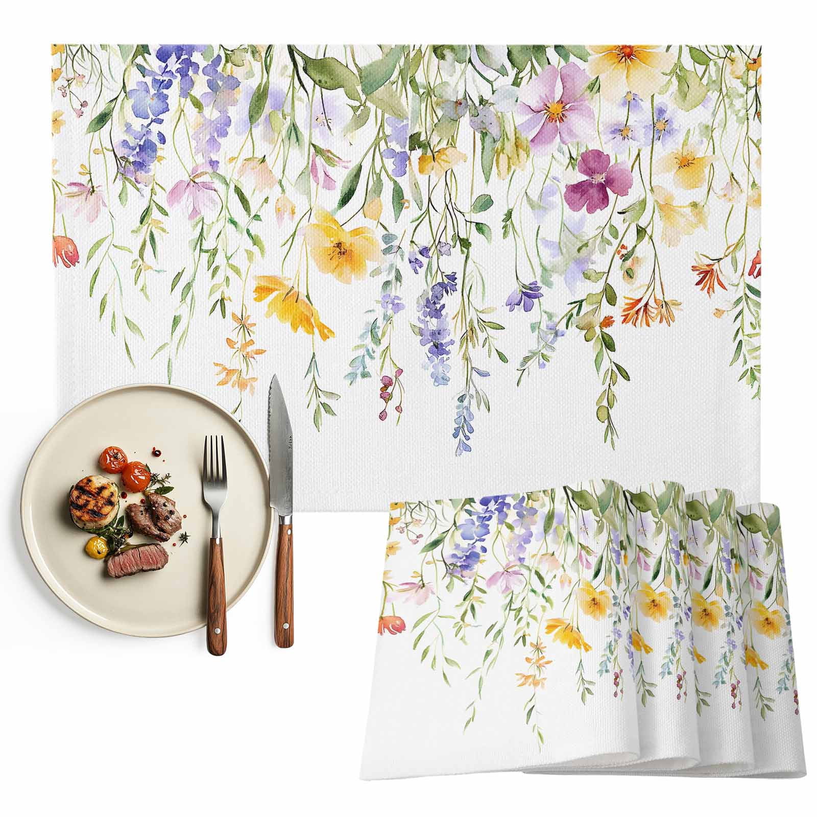 Boho Floral Placemats Set of 2, Watercolor Leaves Flowers Table Mats ...