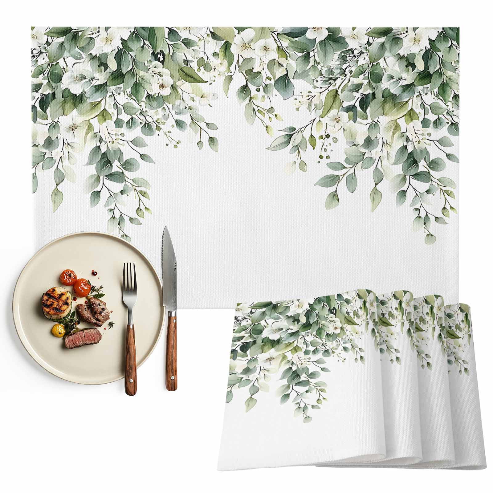 Boho Floral Placemats Set of 2, White Flowers Sage Green Leaf Table ...