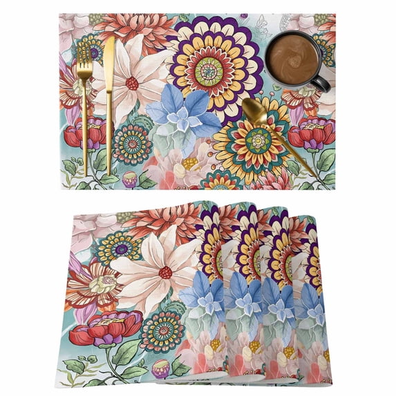 Boho Floral Placemats Set of 4, Cotton Linen Fabric Place Mats, Bohemia ...