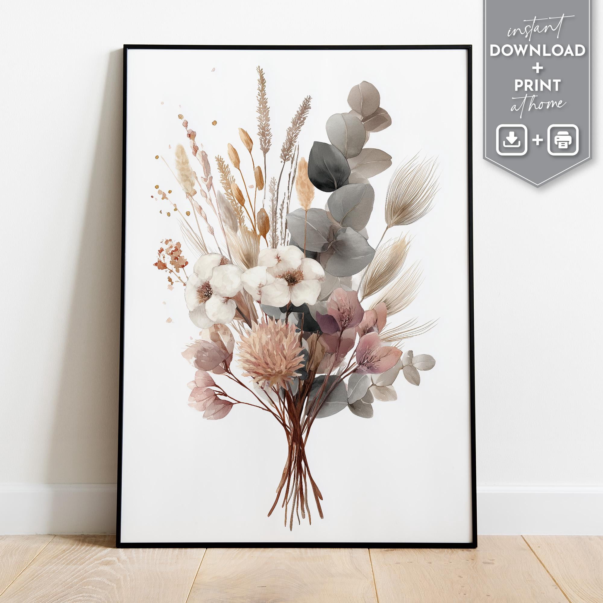 Boho Floral Poster Watercolor Dried Flower Art Neutral Farmhouse Wall ...