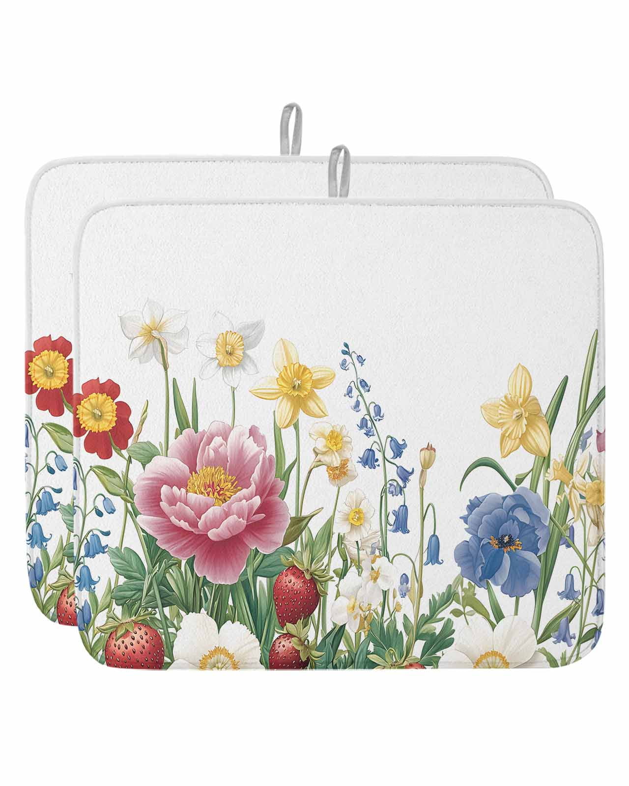 Boho Floral Print Dish Drying Mat, Peony Strawberry Absorbent Dish ...