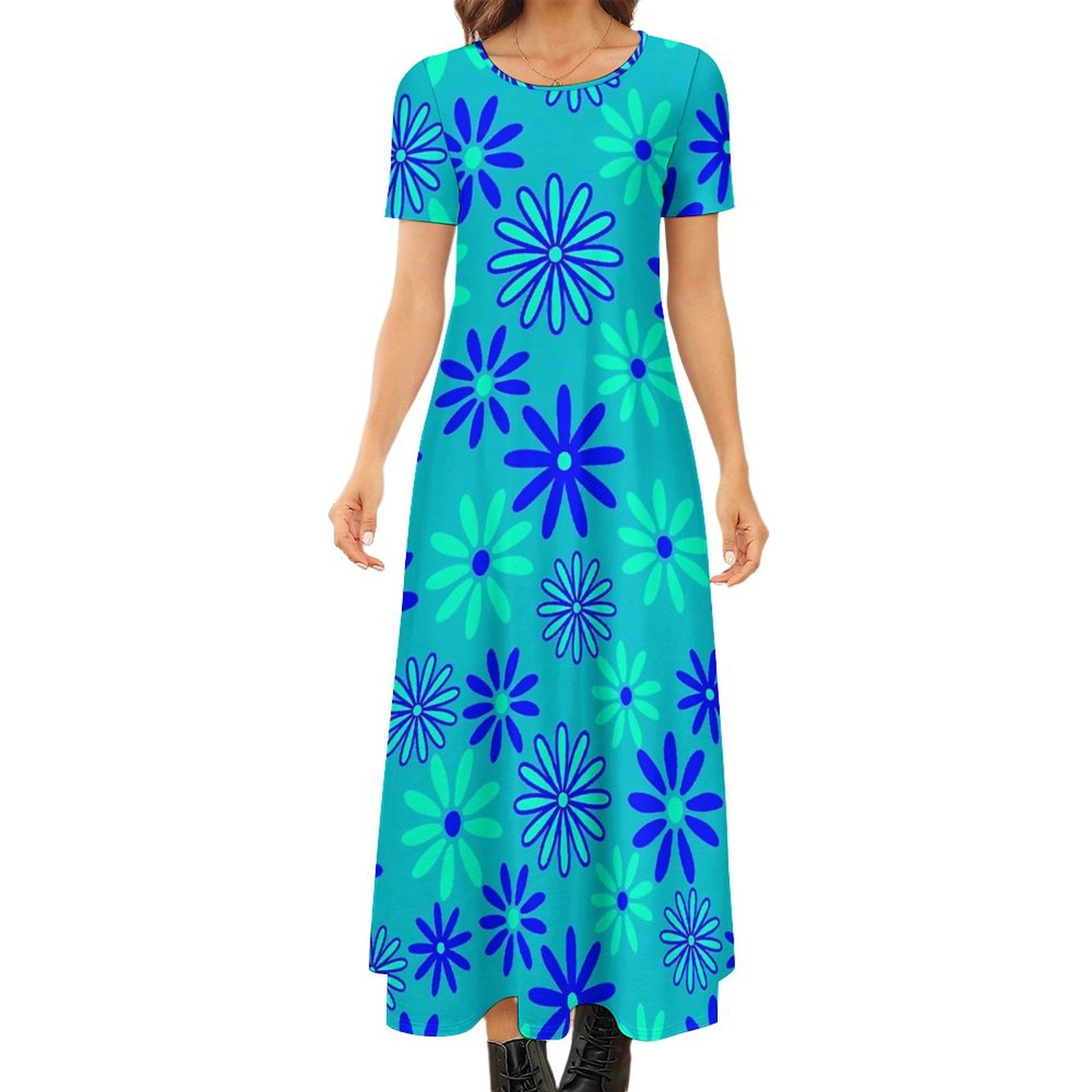 Boho Floral Print Dress Blue Mandalas Party Maxi Dress Female Short ...