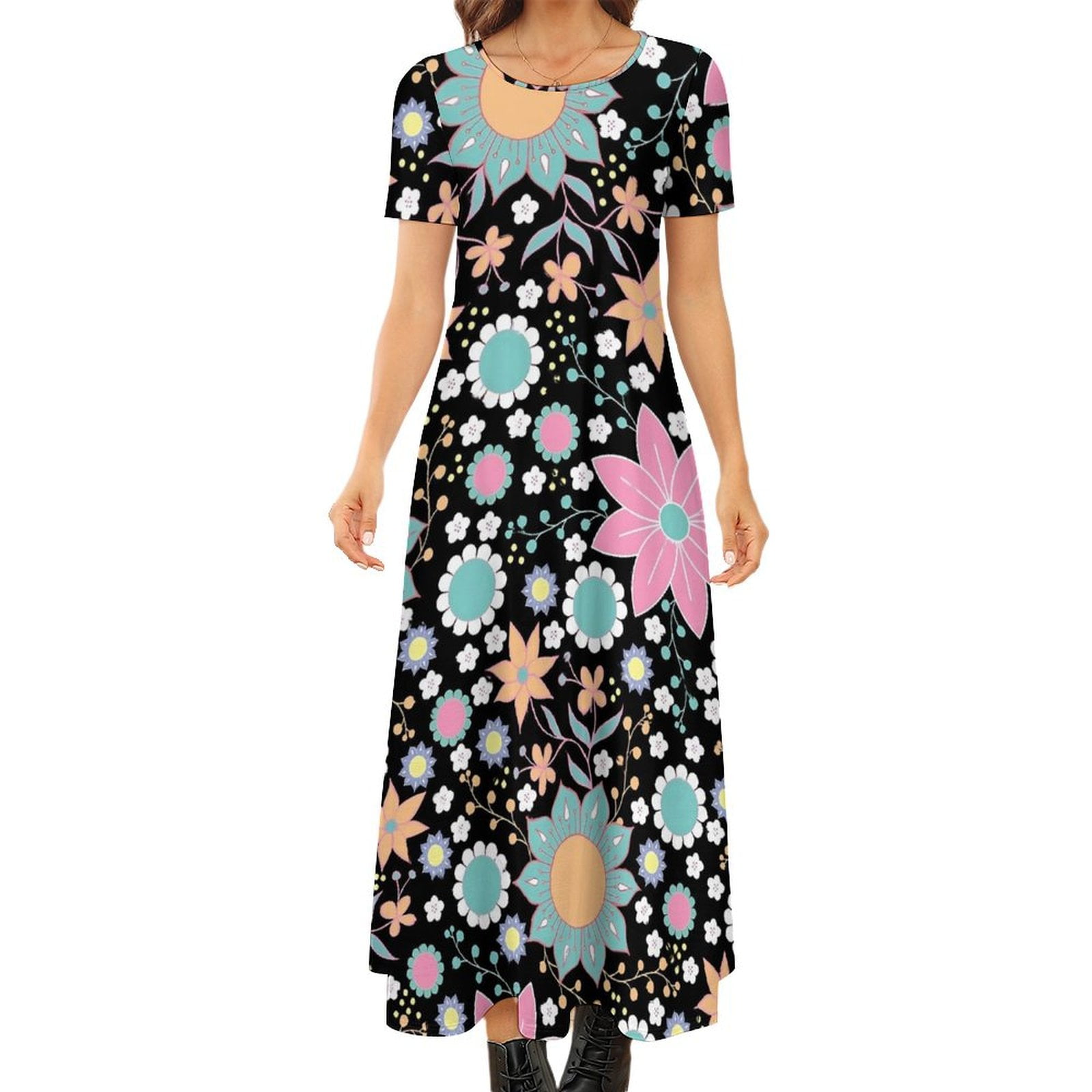 Boho Floral Print Dress Blue Mandalas Party Maxi Dress Female Short ...