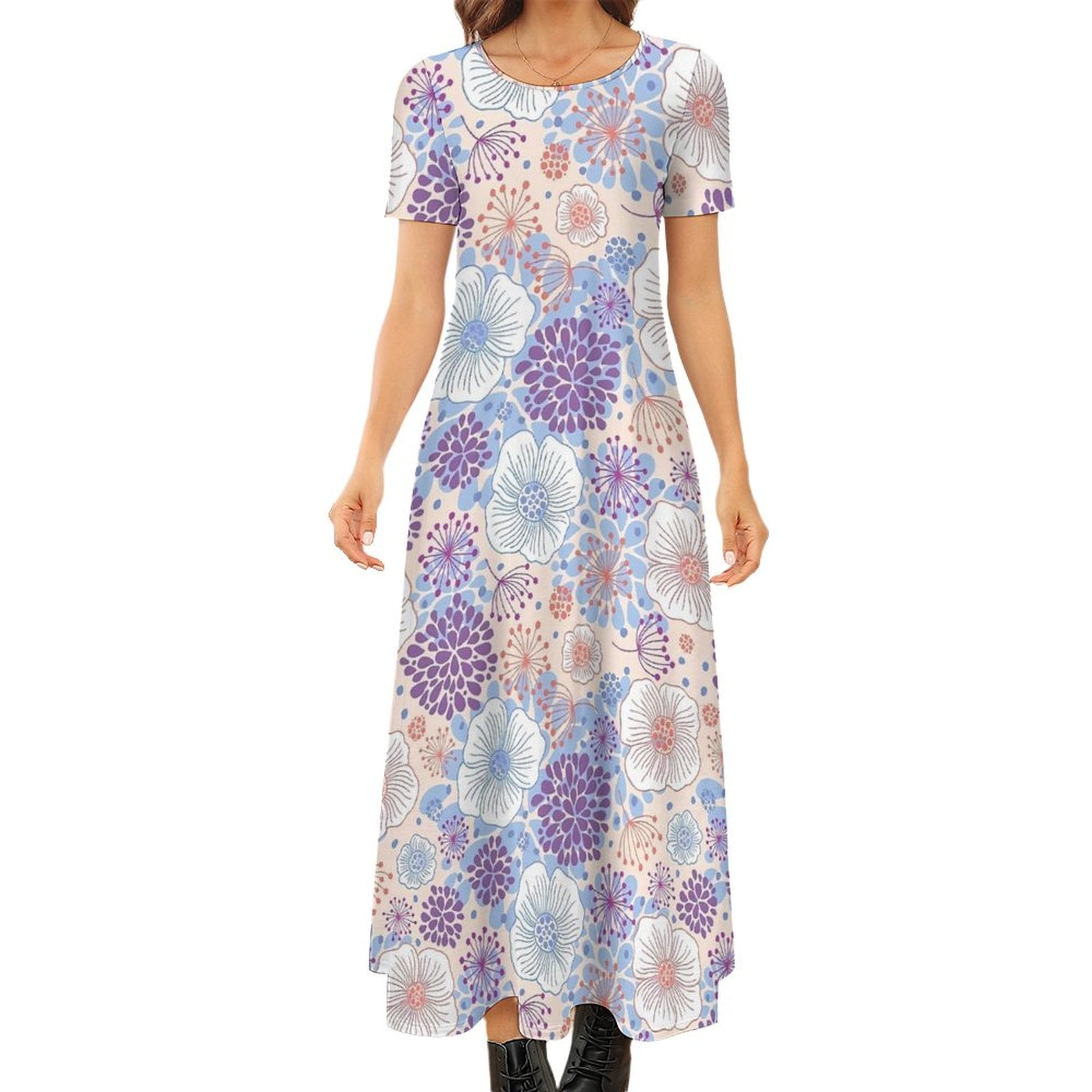 Boho Floral Print Dress Blue Mandalas Party Maxi Dress Female Short ...