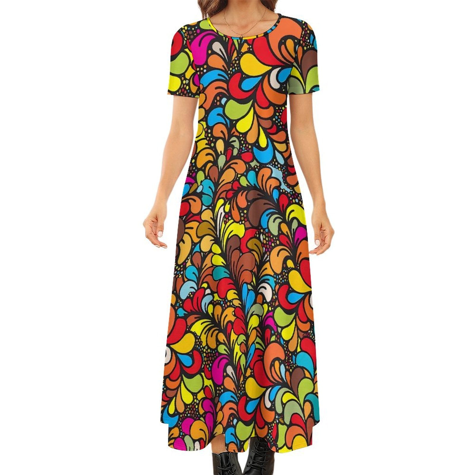 Boho Floral Print Dress Blue Mandalas Party Maxi Dress Female Short ...