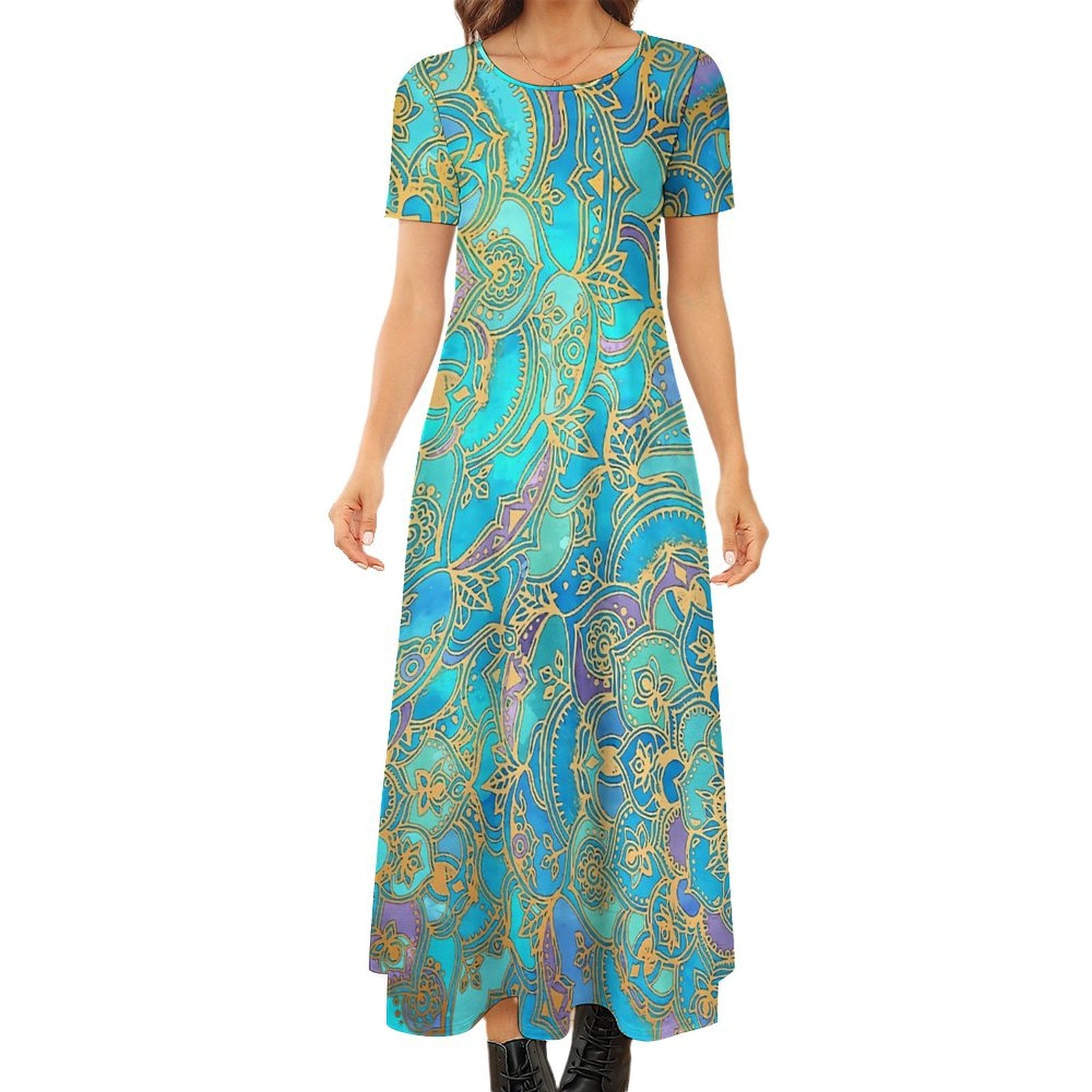 Boho Floral Print Dress Blue Mandalas Party Maxi Dress Female Short ...