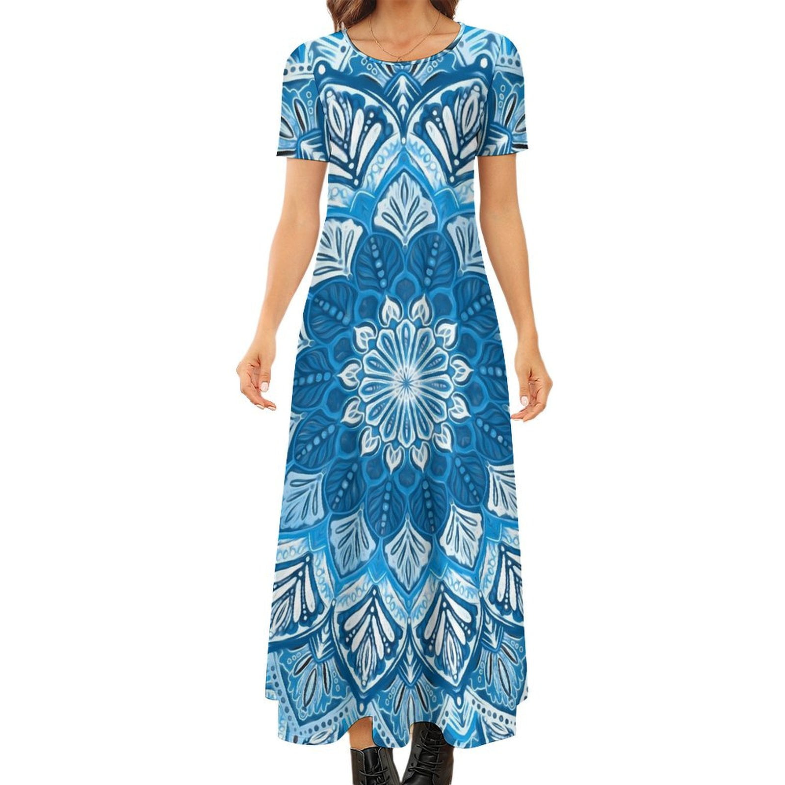 Boho Floral Print Dress Blue Mandalas Party Maxi Dress Female Short ...