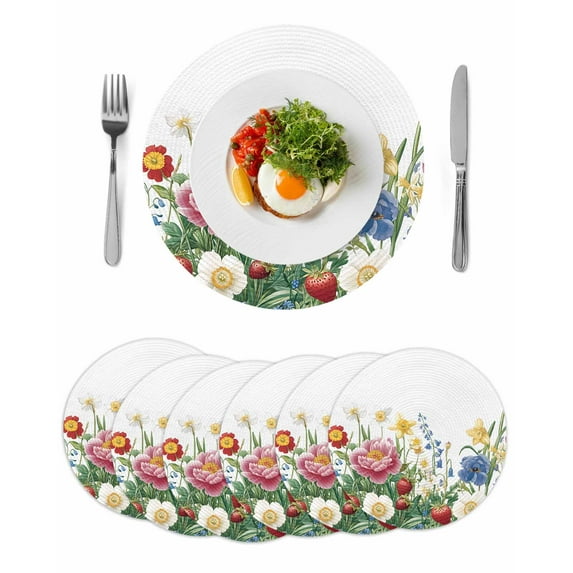 Boho Floral Print Round Table Placemats set of 6, Peony Strawberry ...