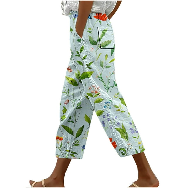 Boho Floral Print Women's Summer Casual Beach Pants Loose Fit Straight ...