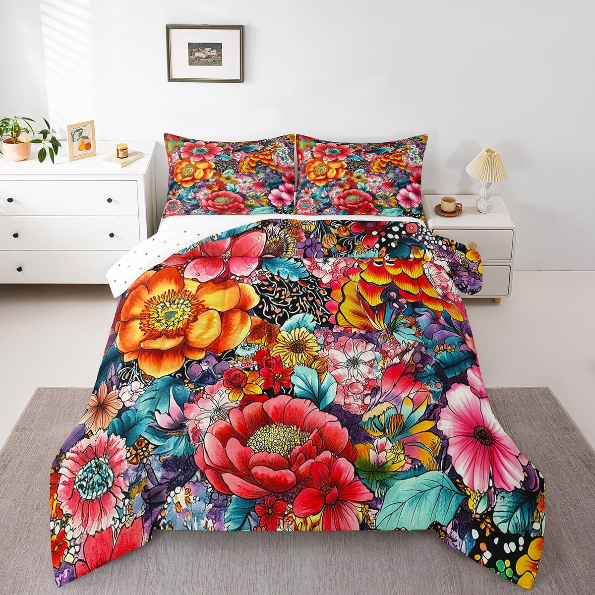 Boho Floral Queen Comforter Set Aztec Dahlia Bedding Sets,Watercolor ...