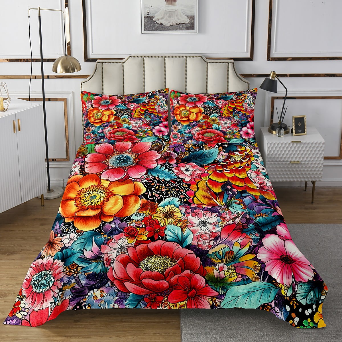 Boho Floral Quilt Set Aztec Dahlia Bedspread Set King,Watercolor ...
