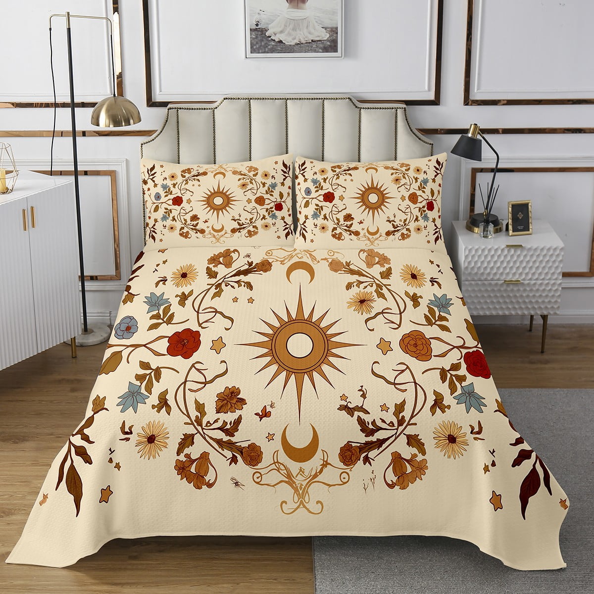 Boho Floral Quilt Set Queen Size,Sun Moon and stars Bedding Set Adults ...