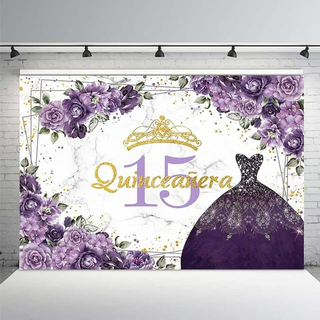 Boho Floral Quinceanera 15th Birthday Backdrop for Girls Purple Flowers ...
