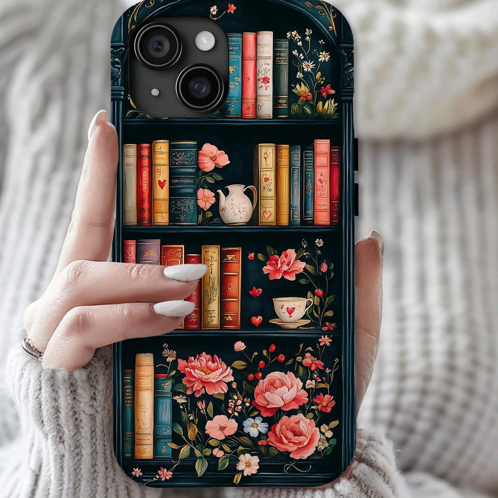 Boho Floral Reading Lover Themed Bookshelf Phone Case 17 16 15 14 13 12 ...