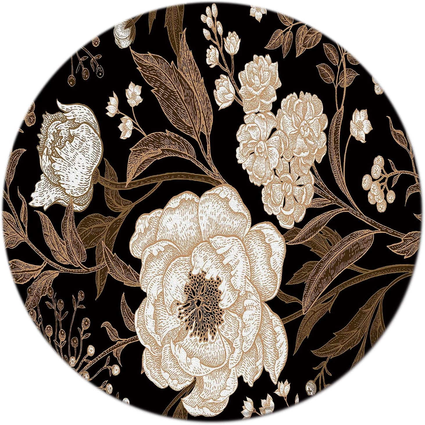 Boho Floral Round Area Rug 47.2 Inch,Black Brown Flower Leaf Plant ...