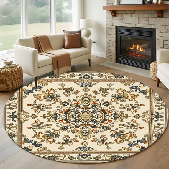 Boho Floral Round Area Rug 5 FT, Non Slip Bedroom Rugs, Modern Abstract ...