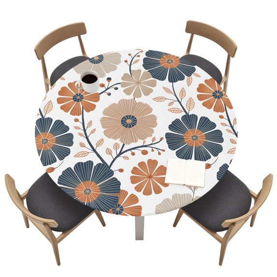 Boho Floral Round Fitted Table Cover Retro Navy Blue Khaki Orange Daisy ...