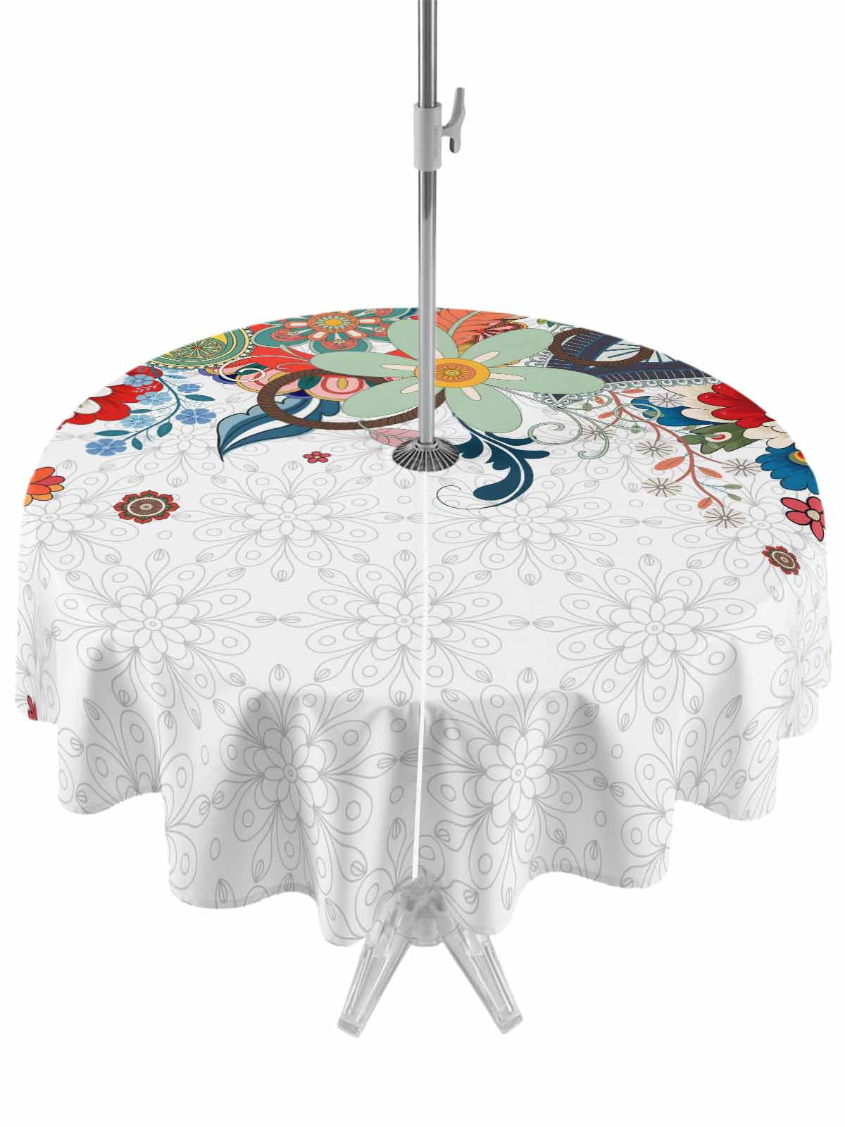 Boho Floral Round Outdoor Tablecloth with Umbrella Hole Abstract ...