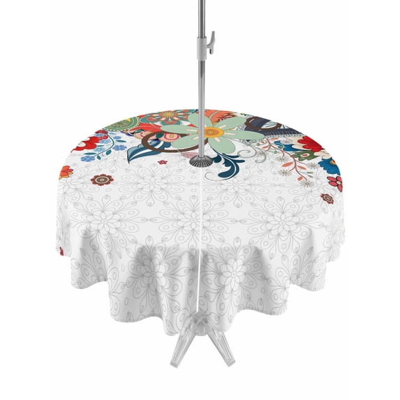 Boho Floral Round Outdoor Tablecloth with Umbrella Hole Abstract ...