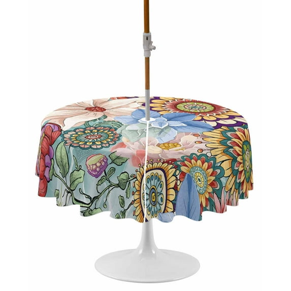 Boho Floral Round Outdoor Tablecloth, Waterproof Table Cloth Cover with ...