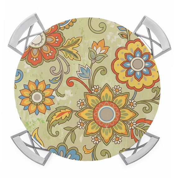 Boho Floral Round Table Cover, Yellow Orange Flower Leaf Abstract ...