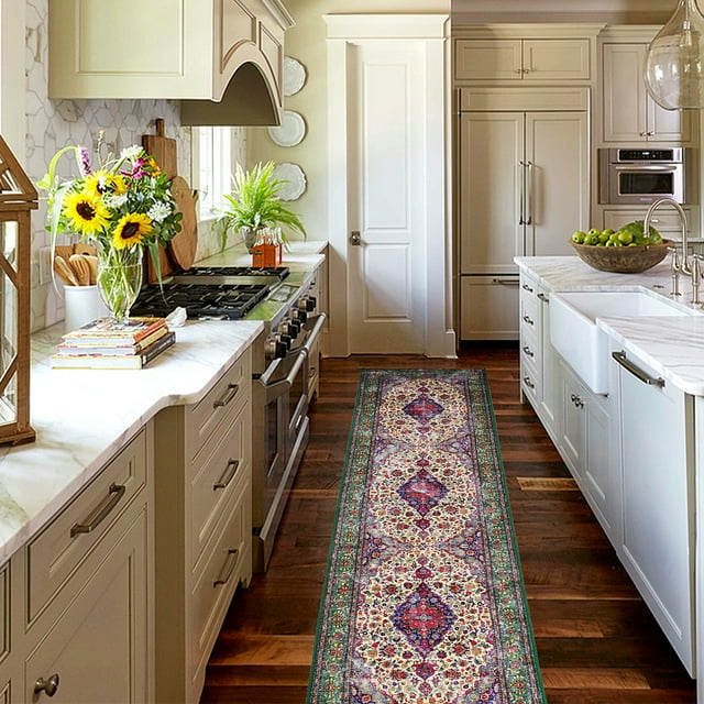 Boho Floral Runner Rug 10ft - Non-Slip, Washable Green Kitchen Rugs ...