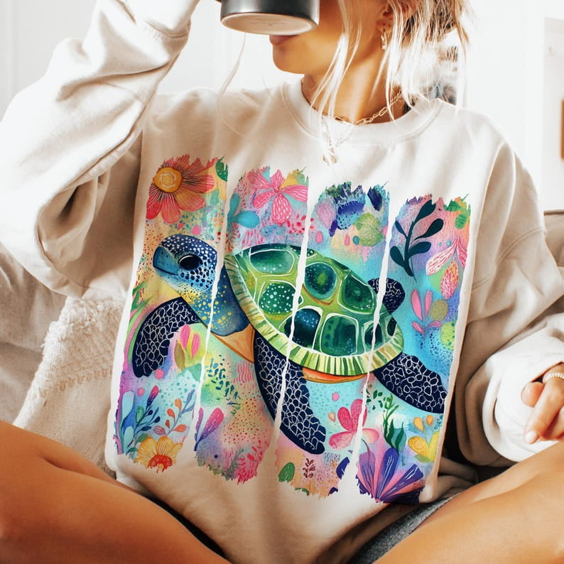 Boho Floral Sea Turtle Sweatshirt, Summer Toddler Pullover, Beach ...