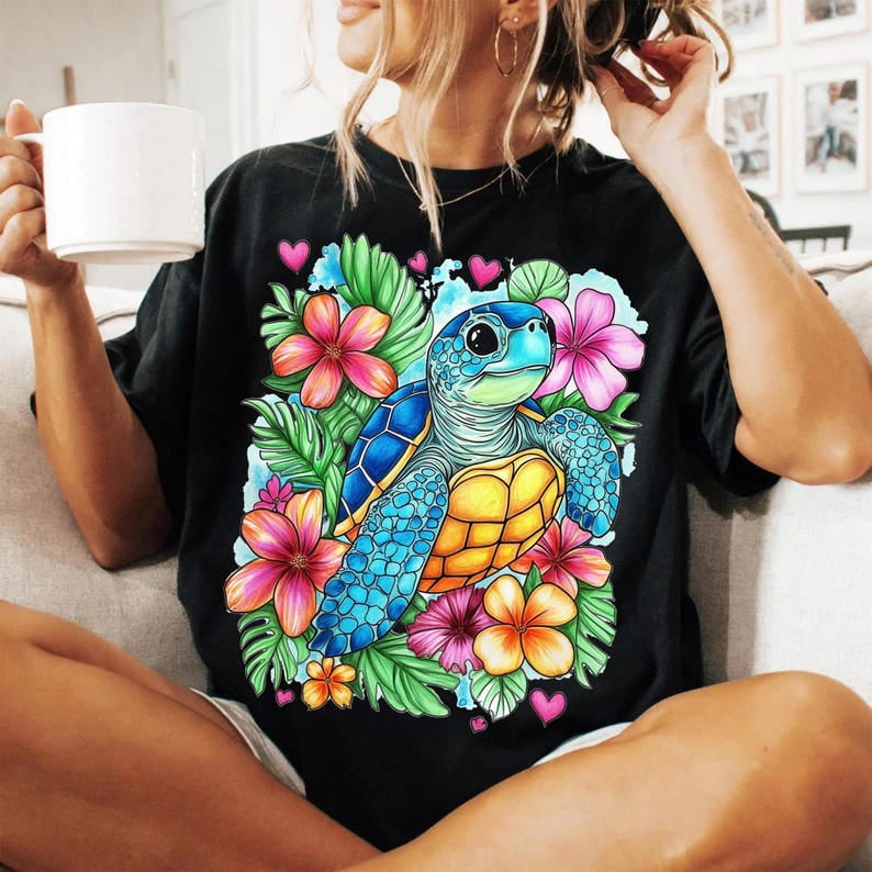 Boho Floral Sea Turtle T-Shirt, Summer Beach Shirt, Brushstroke Turtle ...
