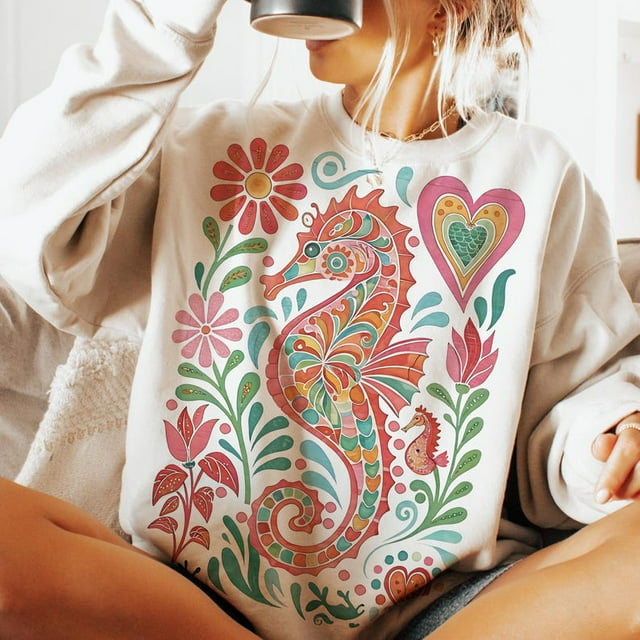 Boho Floral Seahorse Sweatshirt, Summer Toddler Pullover, Beach ...