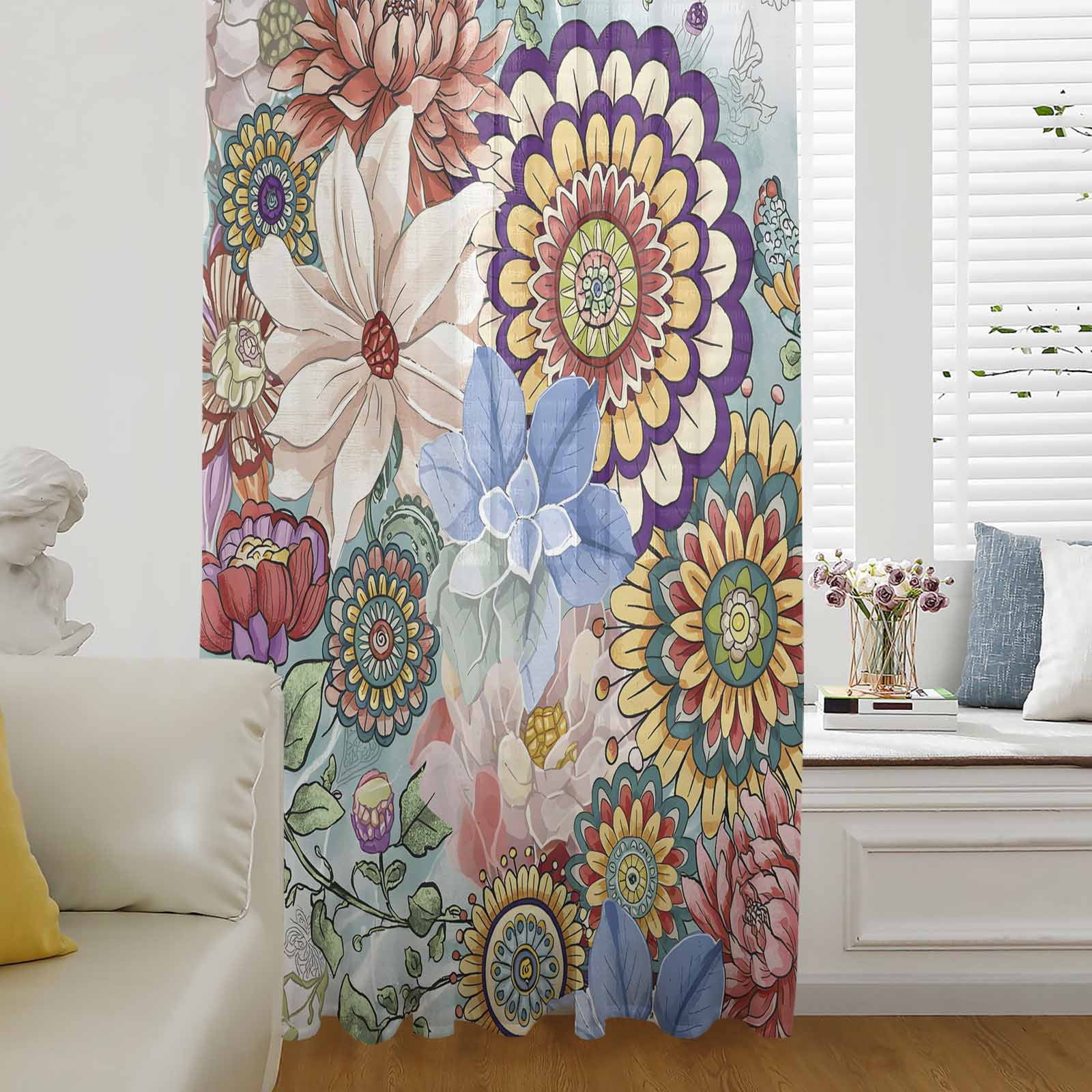 Boho Floral Semi Sheer Curtains Drapes for Living Room,Bedroom,French ...