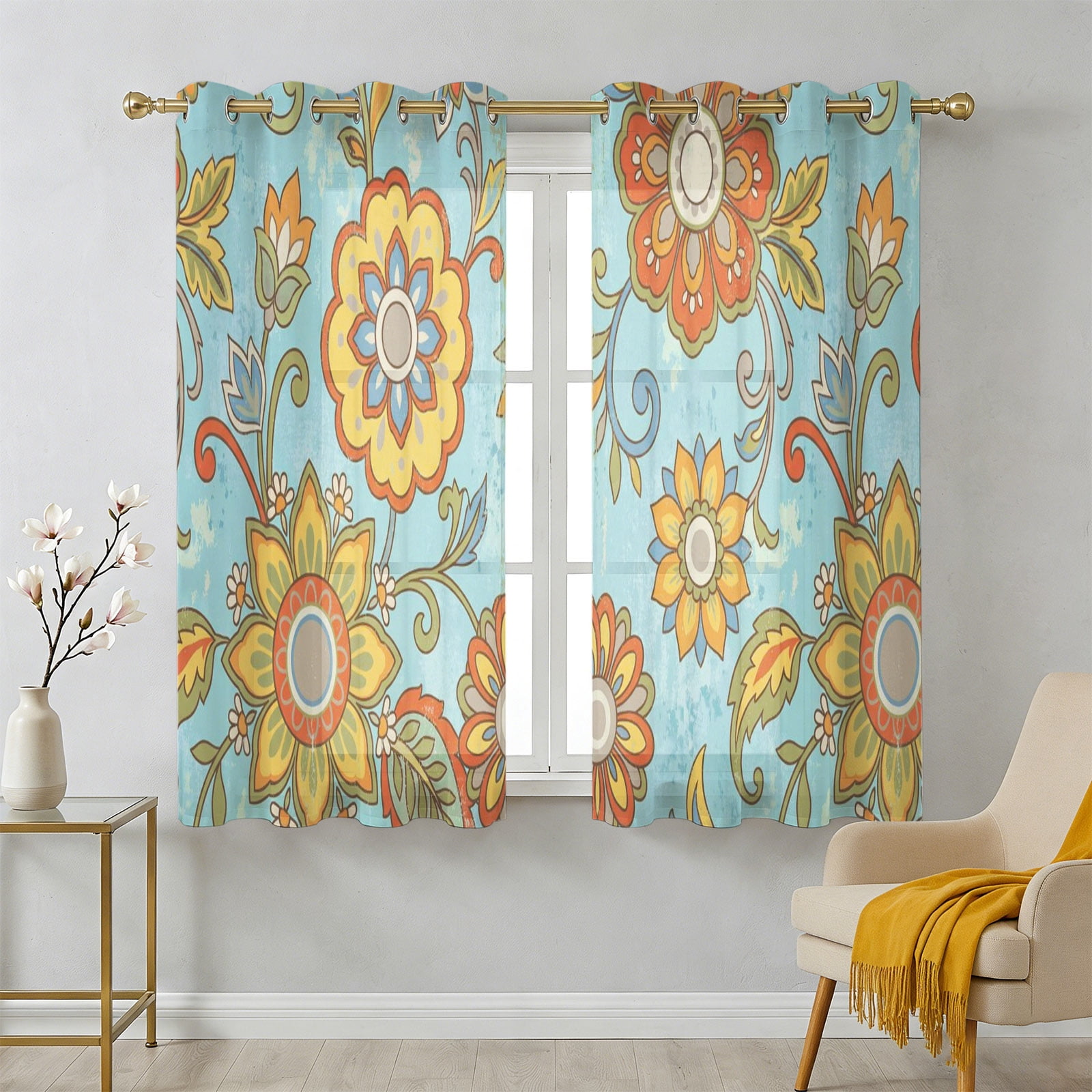 Boho Floral Sheer Curtains 45 Inch Long 2 Panels, Yellow Orange Flower ...