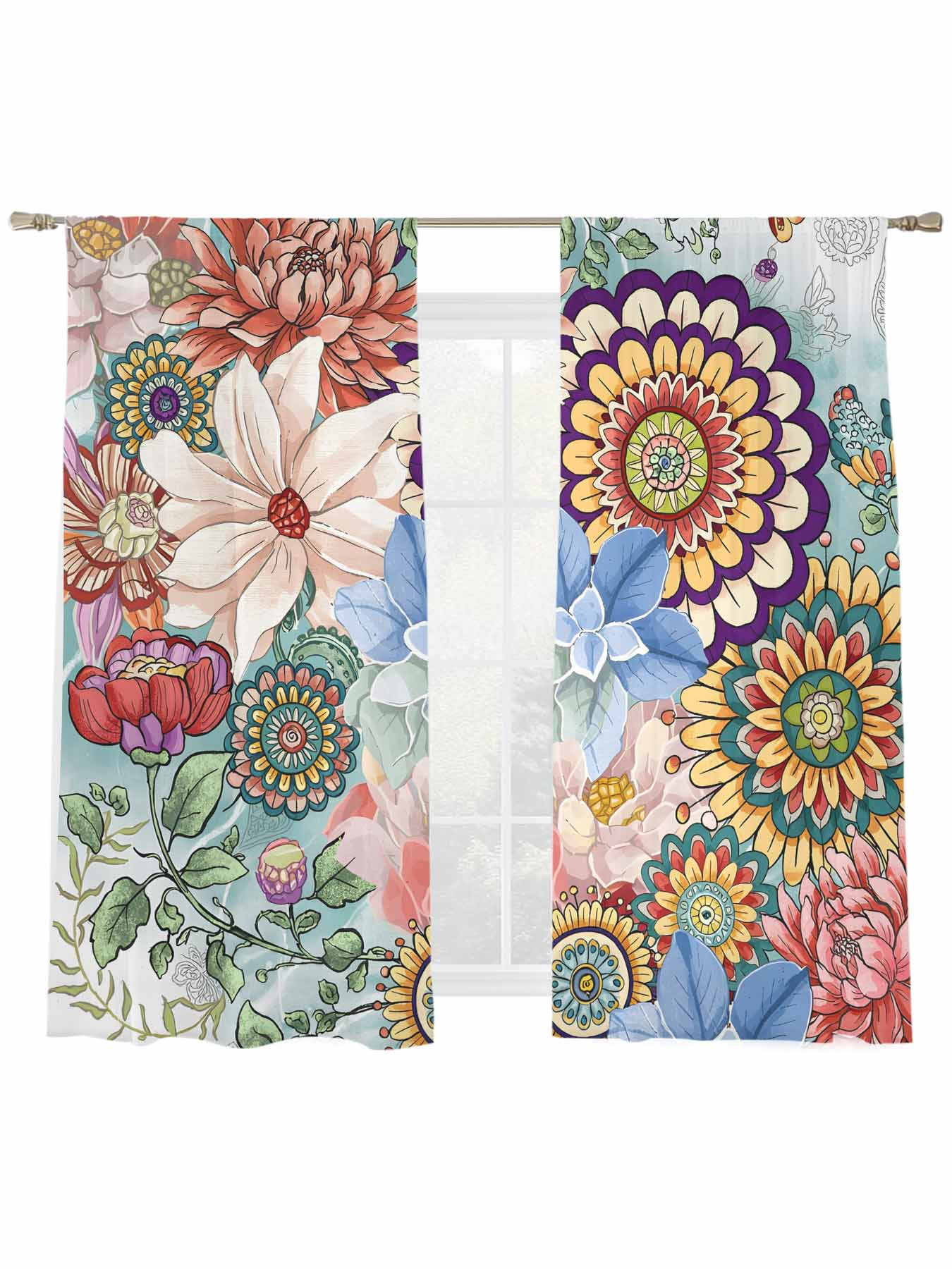 Boho Floral Sheer Curtains 72 Inch Length 2 Panels Set, Semi Transparent Voile Rod Pocket ...