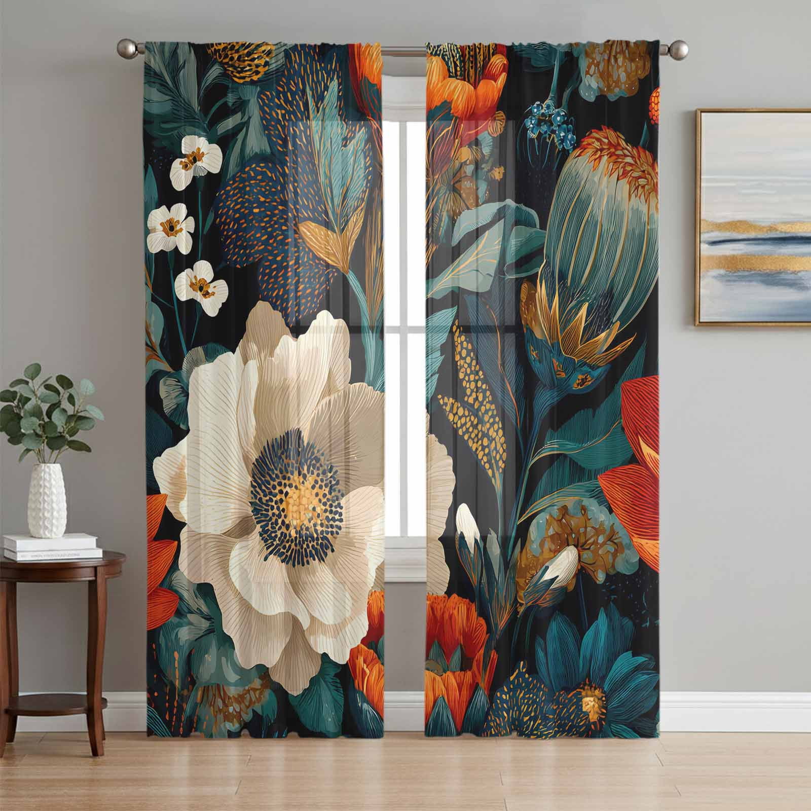 Boho Floral Sheer Curtains for Living Room Bedroom, Peony Foliage ...